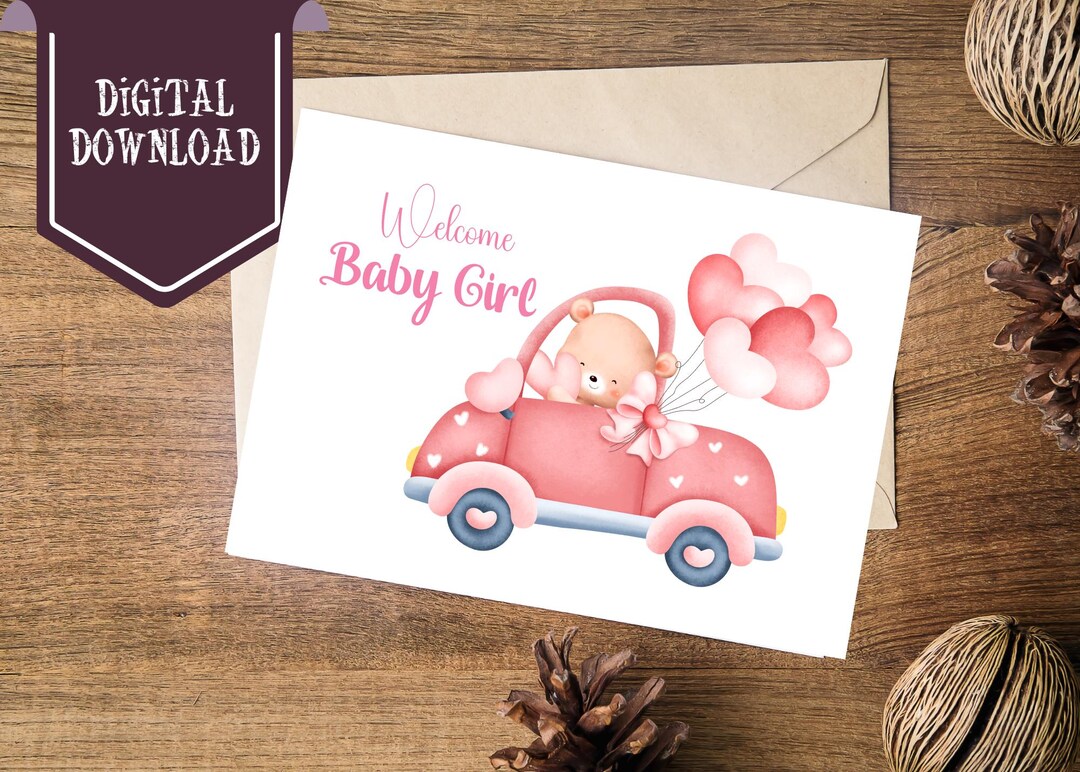 Cute Welcome Baby Girl Printable Card Baby Shower Gift Card Instant ...