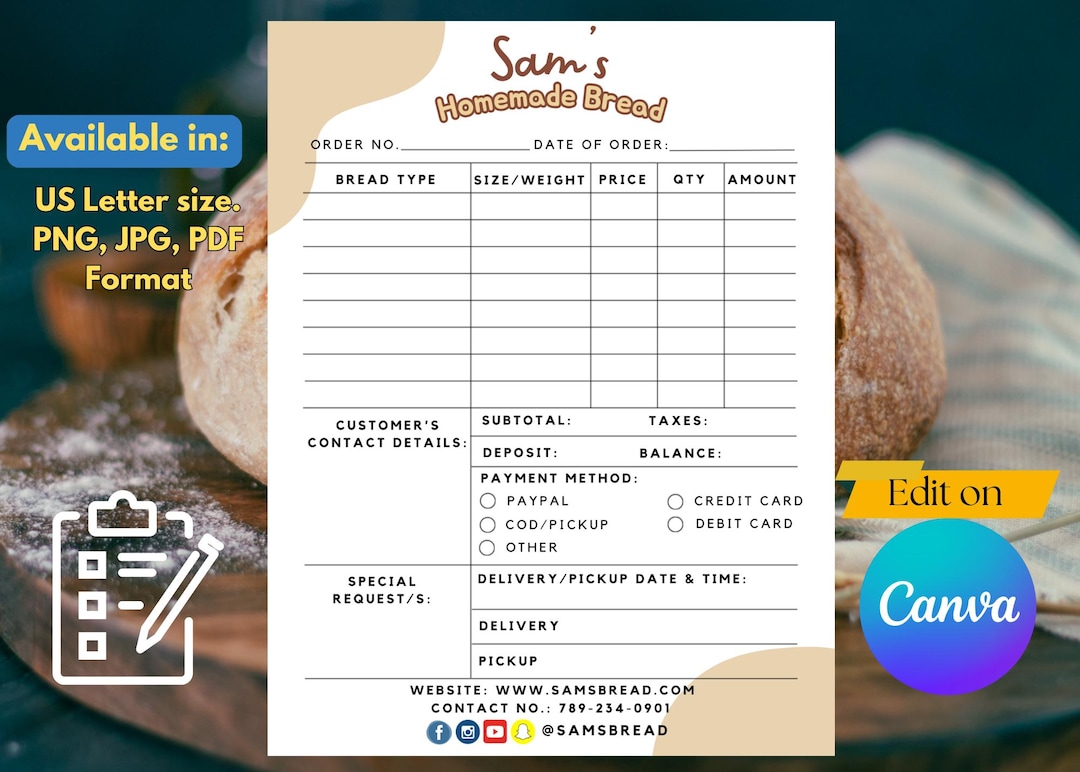 Editable Bread Order Form Template Printable Sourdough Bread Order Sheet for Home Baker and ...