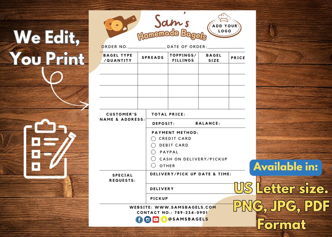 Editable Bagel Order Form Template, Printable Bakery Order Sheet ...
