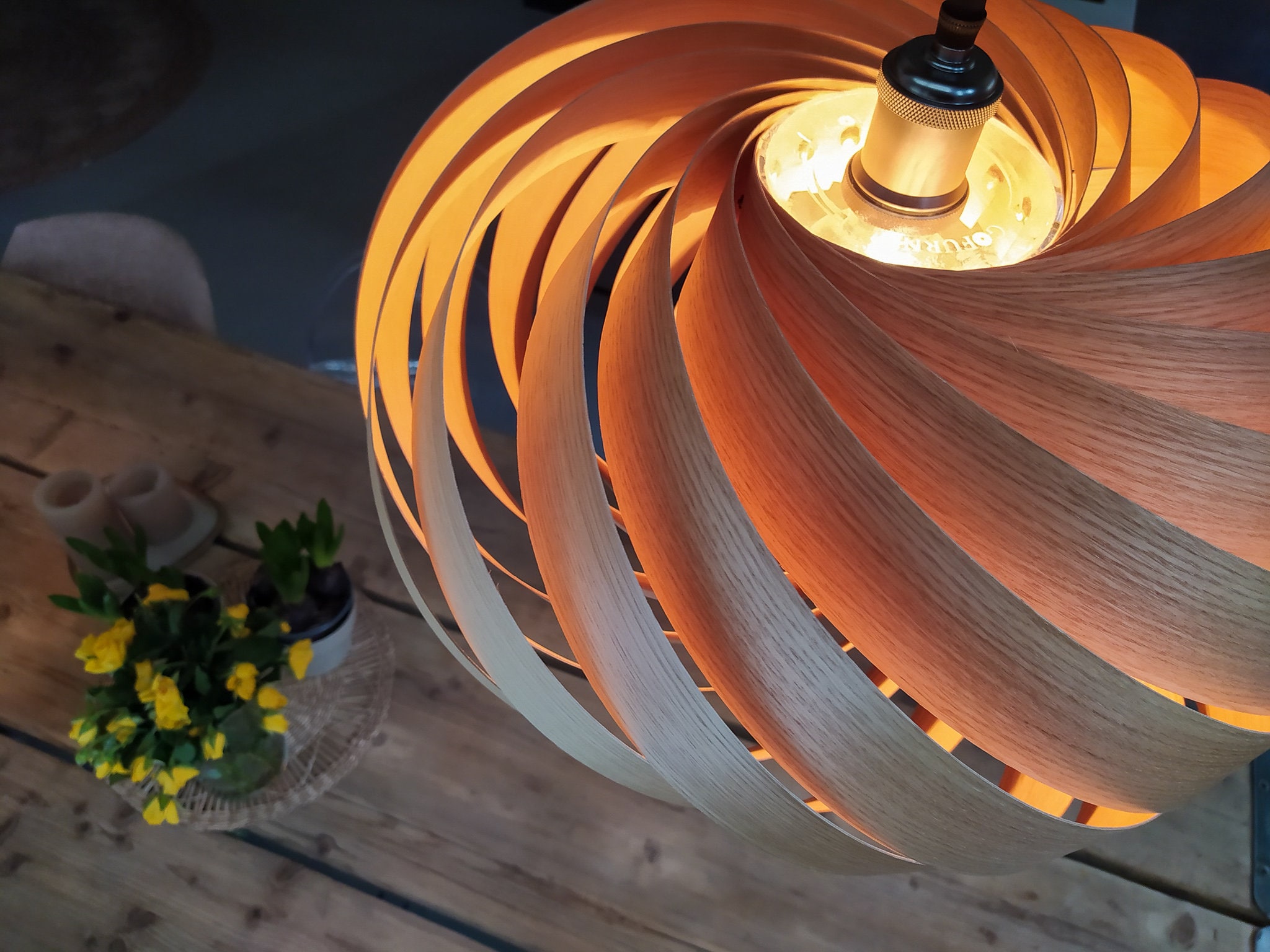 Spiral Wood Handing Lamp With Helix-shaped Real Wood Stripes. Oak Wood ...