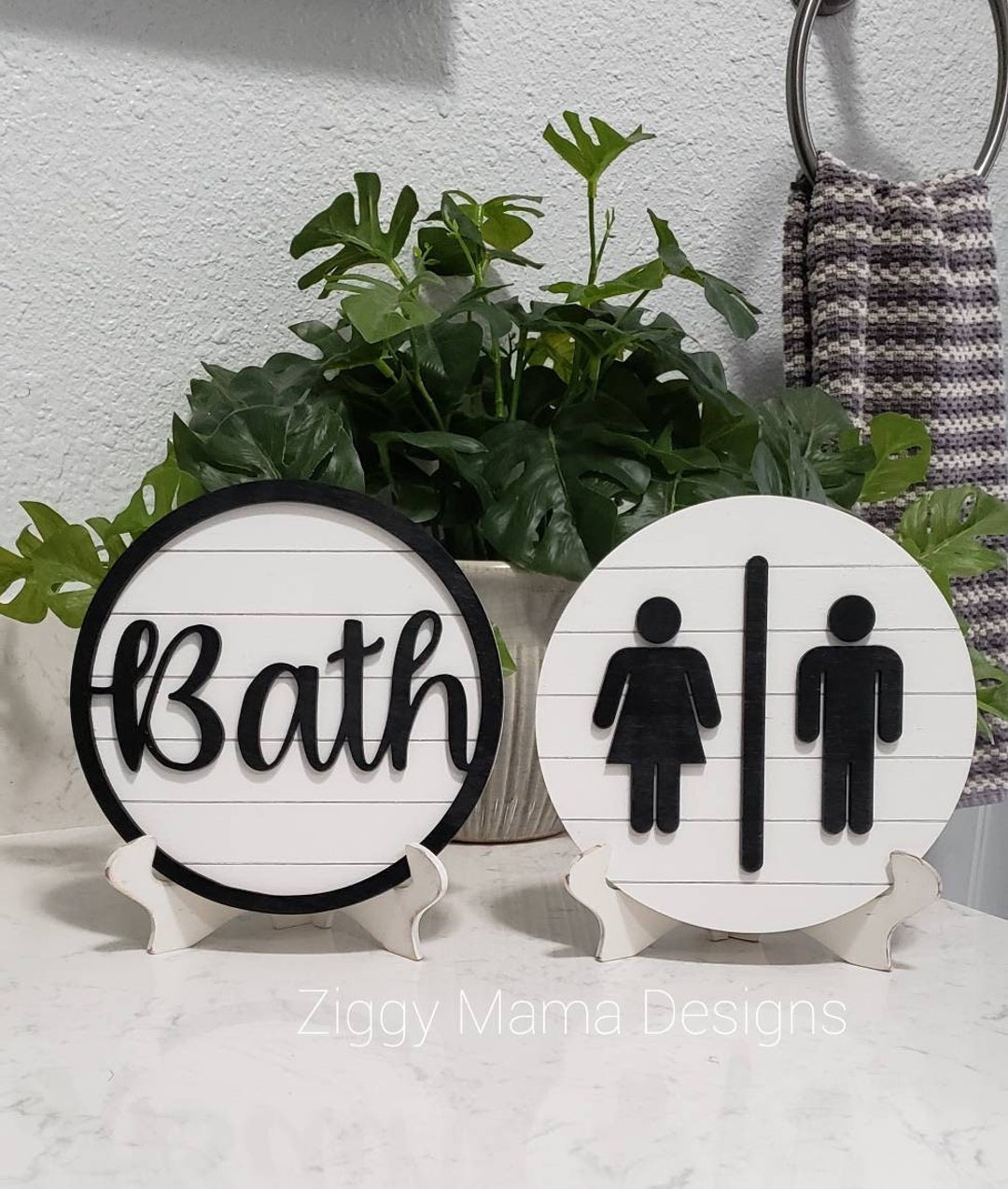 Farmhouse Bathroom Sign: Round Wooden Restroom Symbol With Easel - Etsy