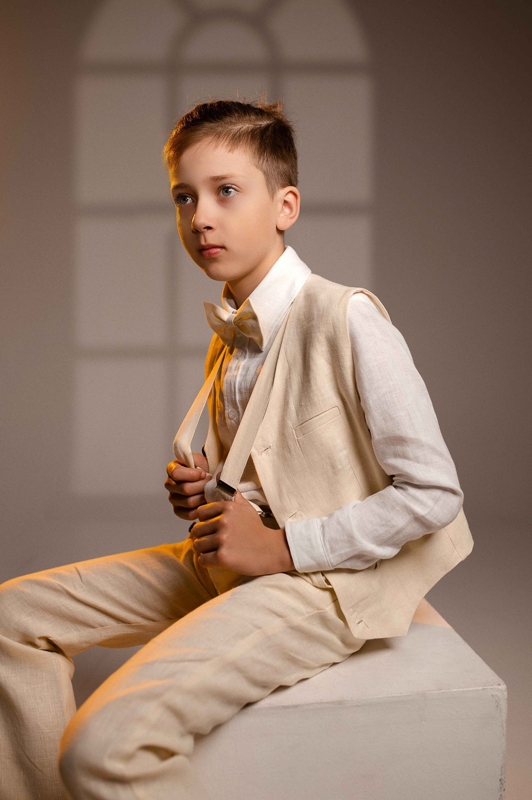 Boys First Communion Linen Suit | Youth 5-piece Set With Vest, Pants ...