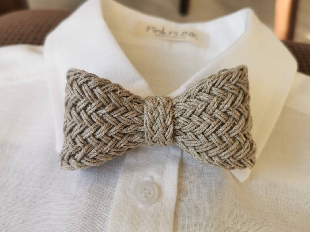 Bow Tie of Natural Woven Linen With Adjustable Neck Strap, Handmade Bow ...