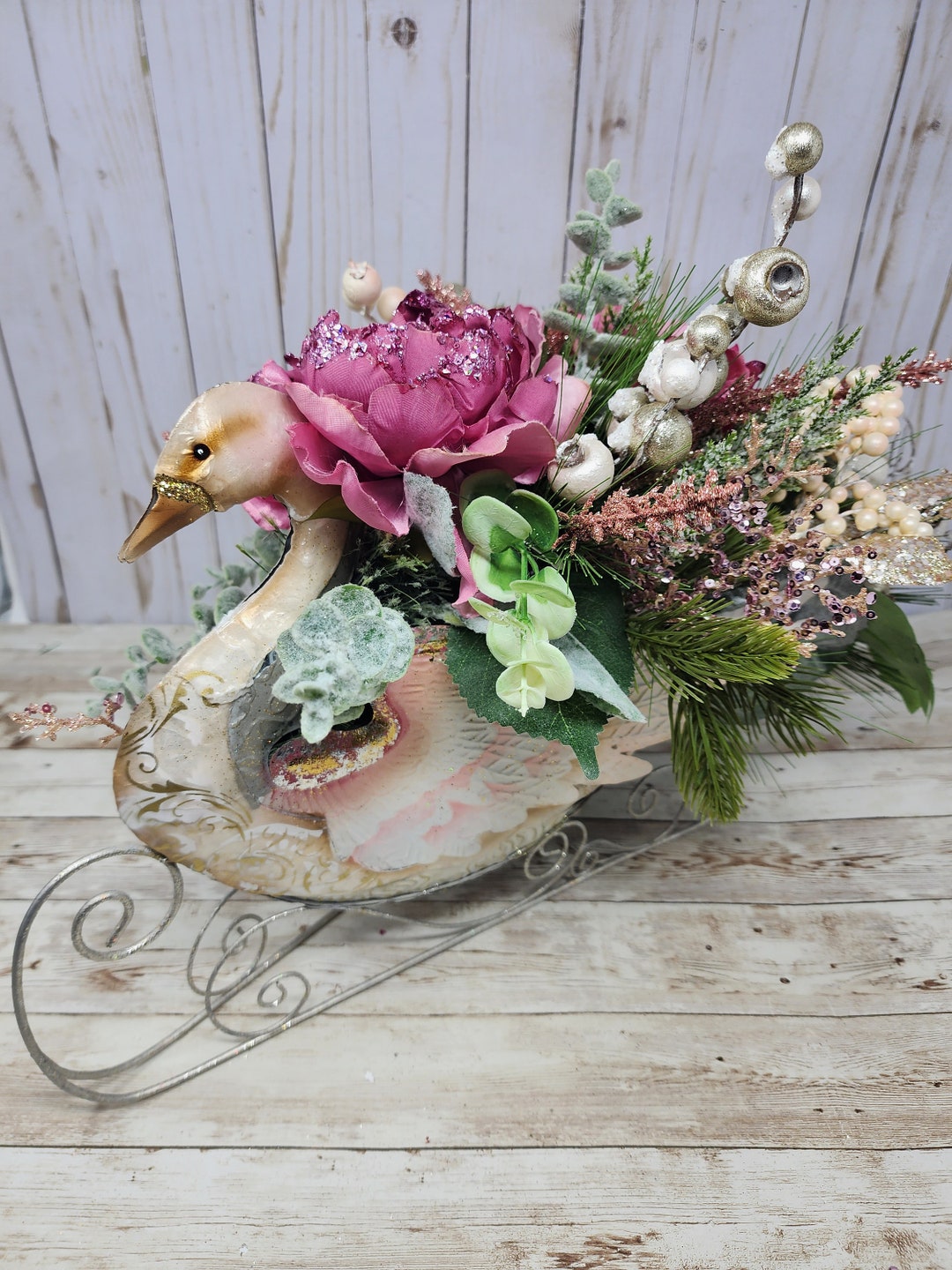 Swan Centerpiece, Glam Table Arrangement, Holiday Pink Floral Decor ...