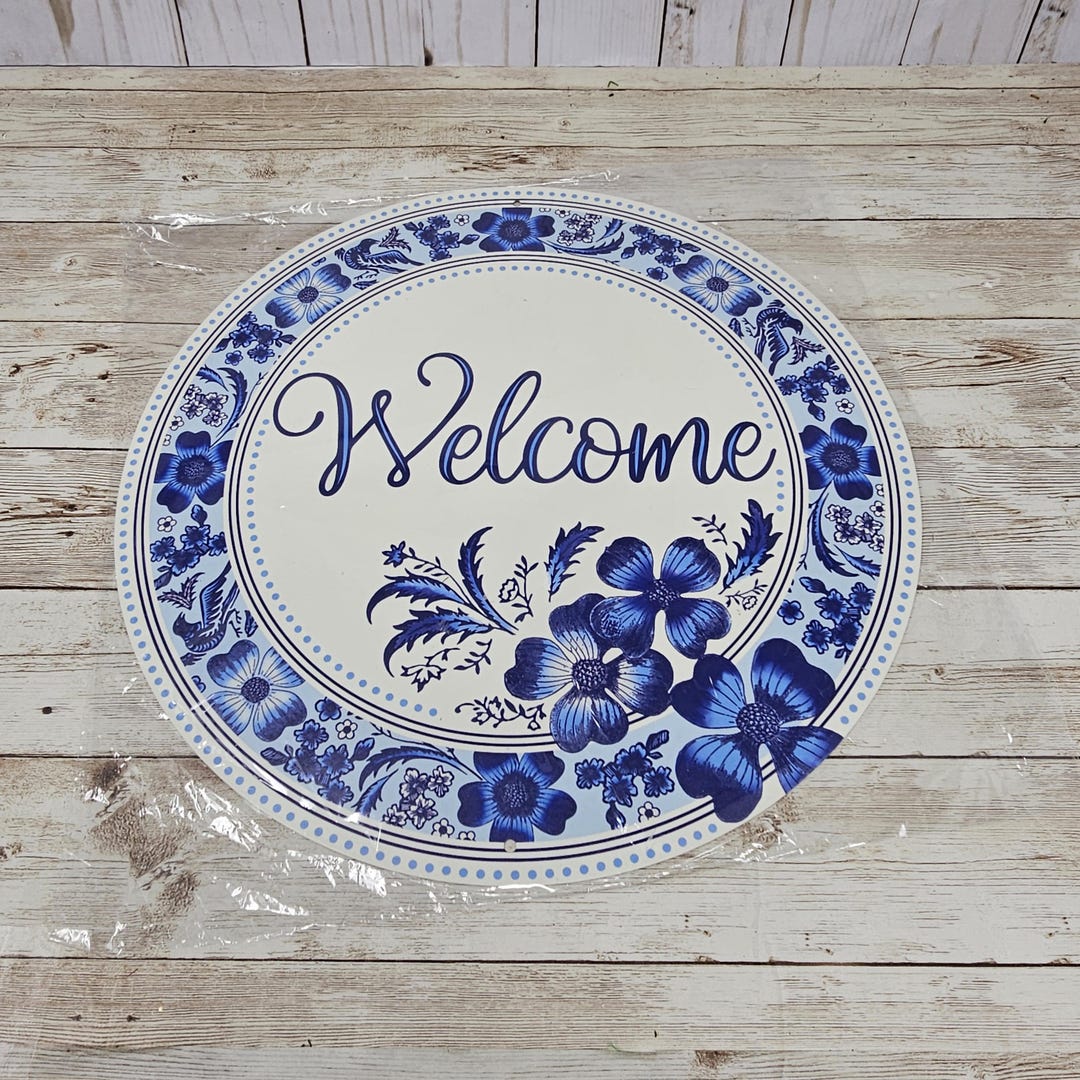 Welcome Metal Sign, White and Blue Metal Sign, 12 Inch Metal Door ...