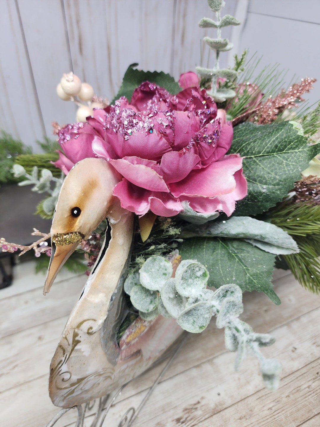 Swan Centerpiece, Glam Table Arrangement, Holiday Pink Floral Decor ...