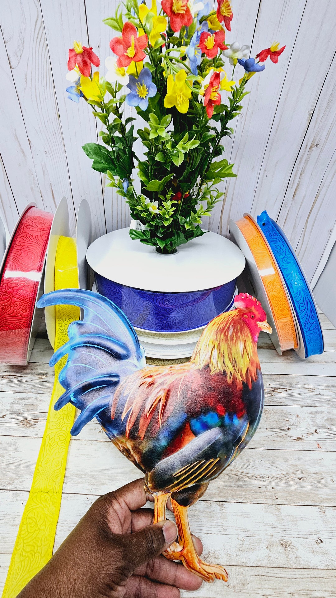 Metal Rooster Sign Ribbon Wreath Kit, Red Blue Orange Ribbon Rooster ...