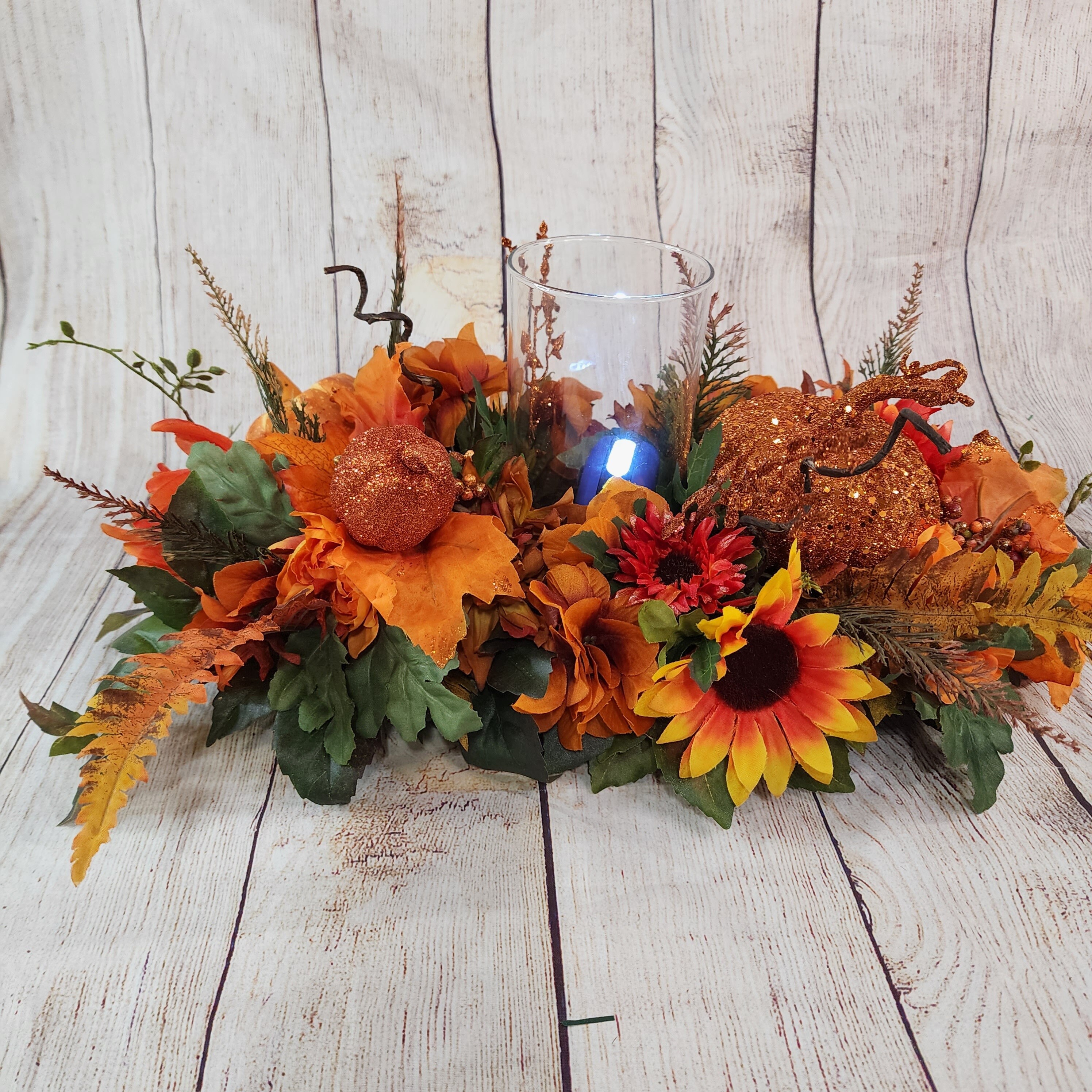 Thanksgiving Centerpiece With Flowers and Candle Holder Fall Table Floral Arrangement With Candle Holder Pumpkin Centerpiece Autumn Decor Etsy