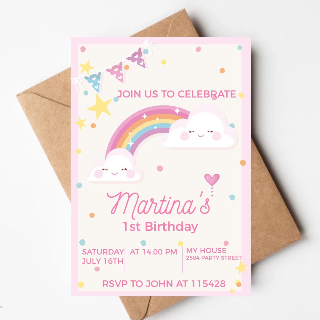 Editable Invitation Template Rain of Love, Birthday Rainbow Heart - Etsy