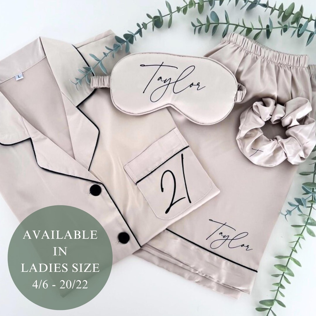 BEIGE SATIN PYJAMAS - Personalised Luxury Milestone Birthday Pjs, 16th ...