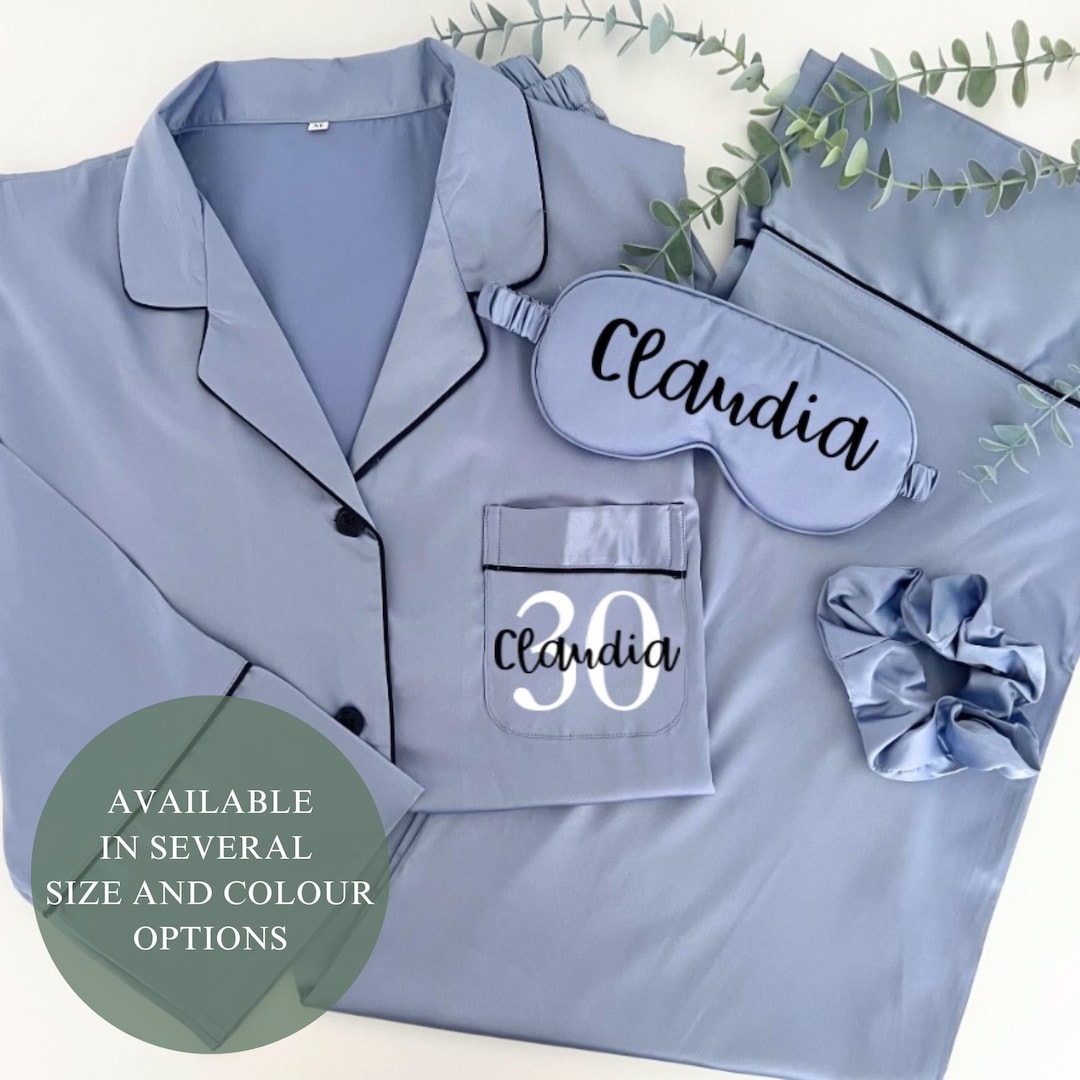 LONG SATIN PYJAMAS - Eye Mask, Scrunchie, Personalised Birthday Pjs ...