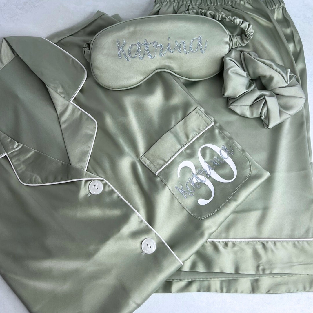 PERSONALISED SATIN PYJAMAS Eye Mask Scrunchie Birthday Pjs Bundle 13th ...