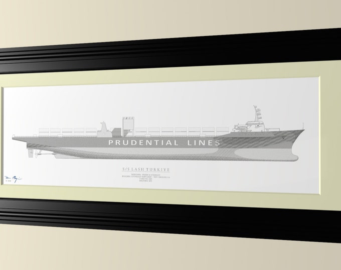 S/S LASH TURKIYE Ship Rendering Print, Prudential Lines, Lighter Aboard ...