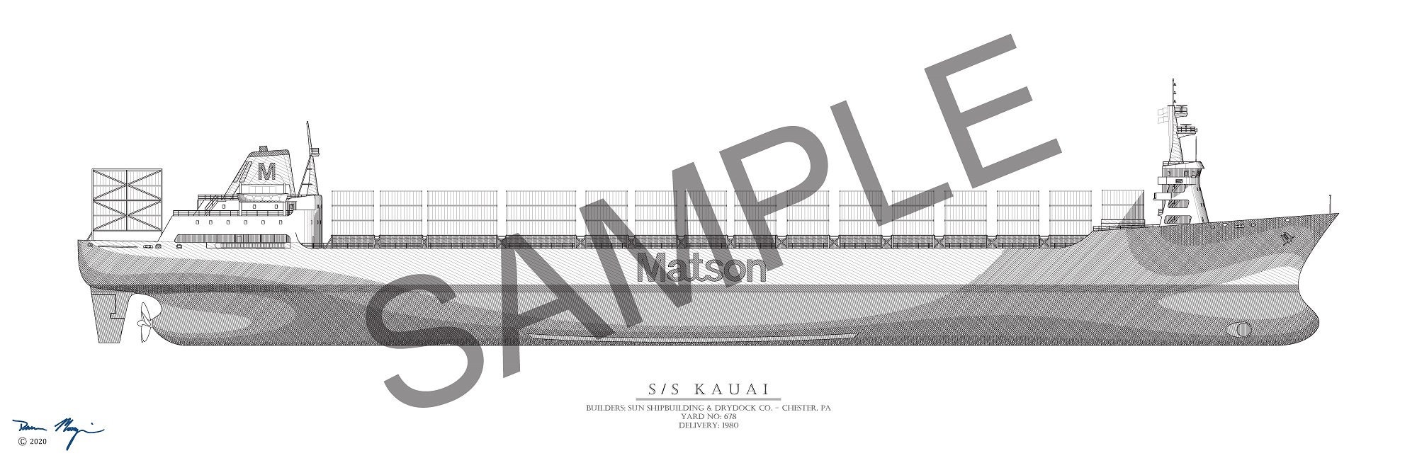 S/S KAUAI Ship Rendering Print, Matson, Steam Powered Container Ships ...