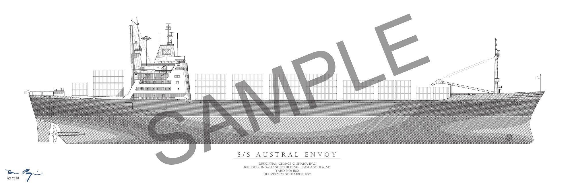 S/S AUSTRAL ENVOY Ship Rendering Print, Farrell Lines, Pacesetter Class ...