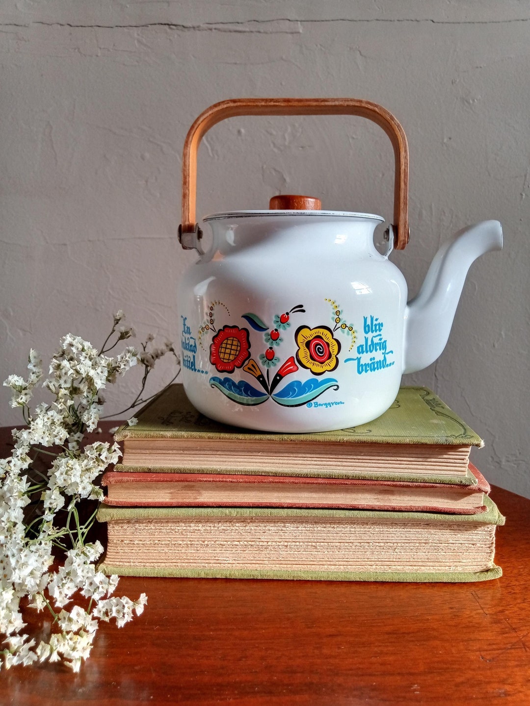 Vintage Berggren Swedish Folk Art Enamel Tea Kettle Kurbit Rosemaling ...
