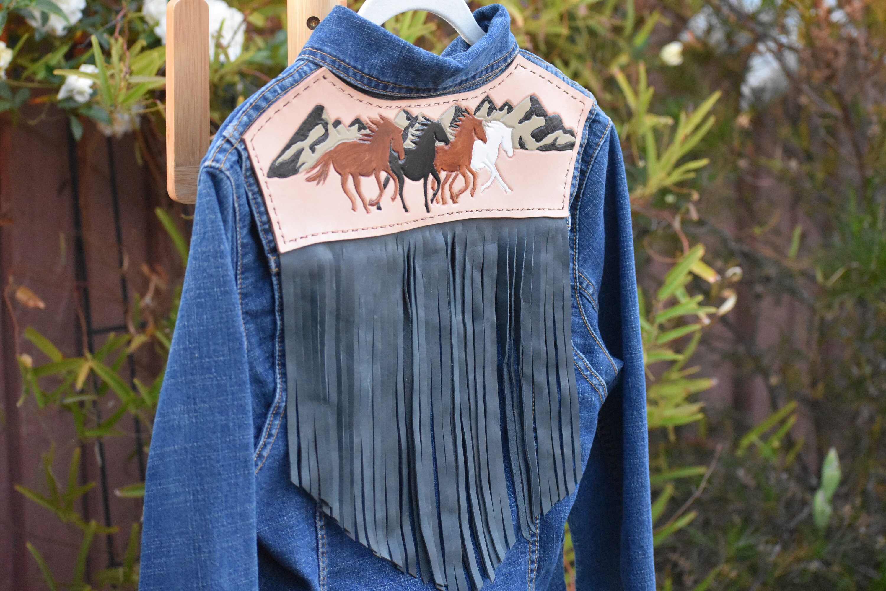 Fringe Denim Jacket With Custom Wild Horses and Mountain Range Leather ...