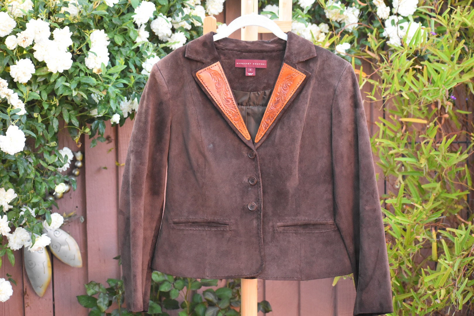 Western Vintage Suede Blazer With Tooled Floral Leather Patches. Fringe ...