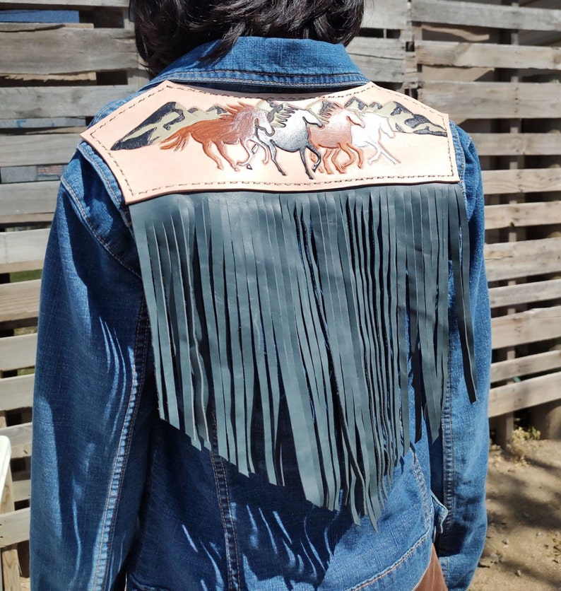 Fringe Denim Jacket With Custom Wild Horses and Mountain Range - Etsy