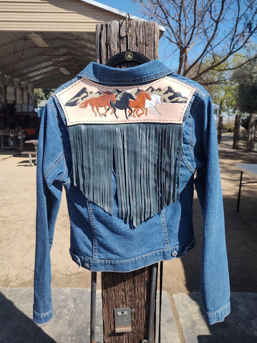 Fringe Denim Jacket With Custom Wild Horses and Mountain Range Leather ...