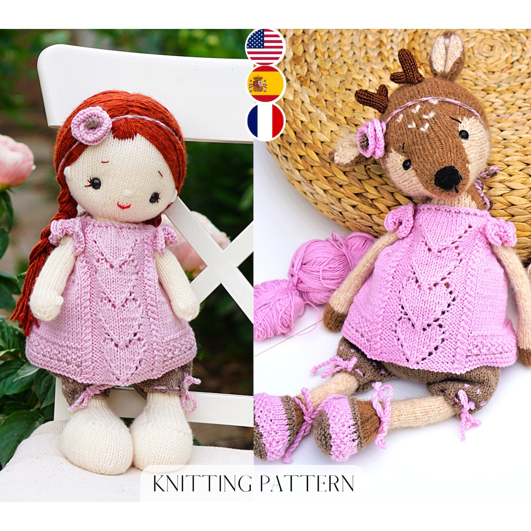 Doll Clothes Knitting Pattern for Toys - Pink Heart Girl's Outfit - Toy ...