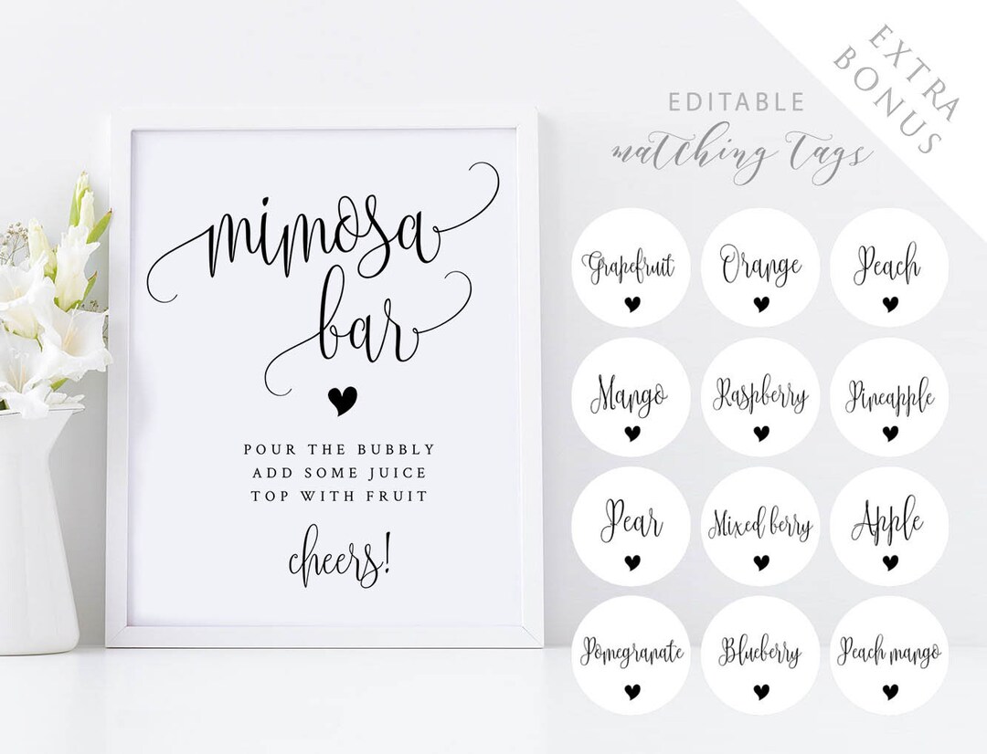Custom MIMOSA BAR SIGN Template | Mimosa Juice Labels | Mimosa Bar Sign ...