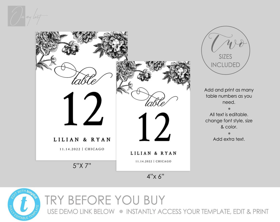 Table Number Template Black and White Printable DIY INSTANT - Etsy