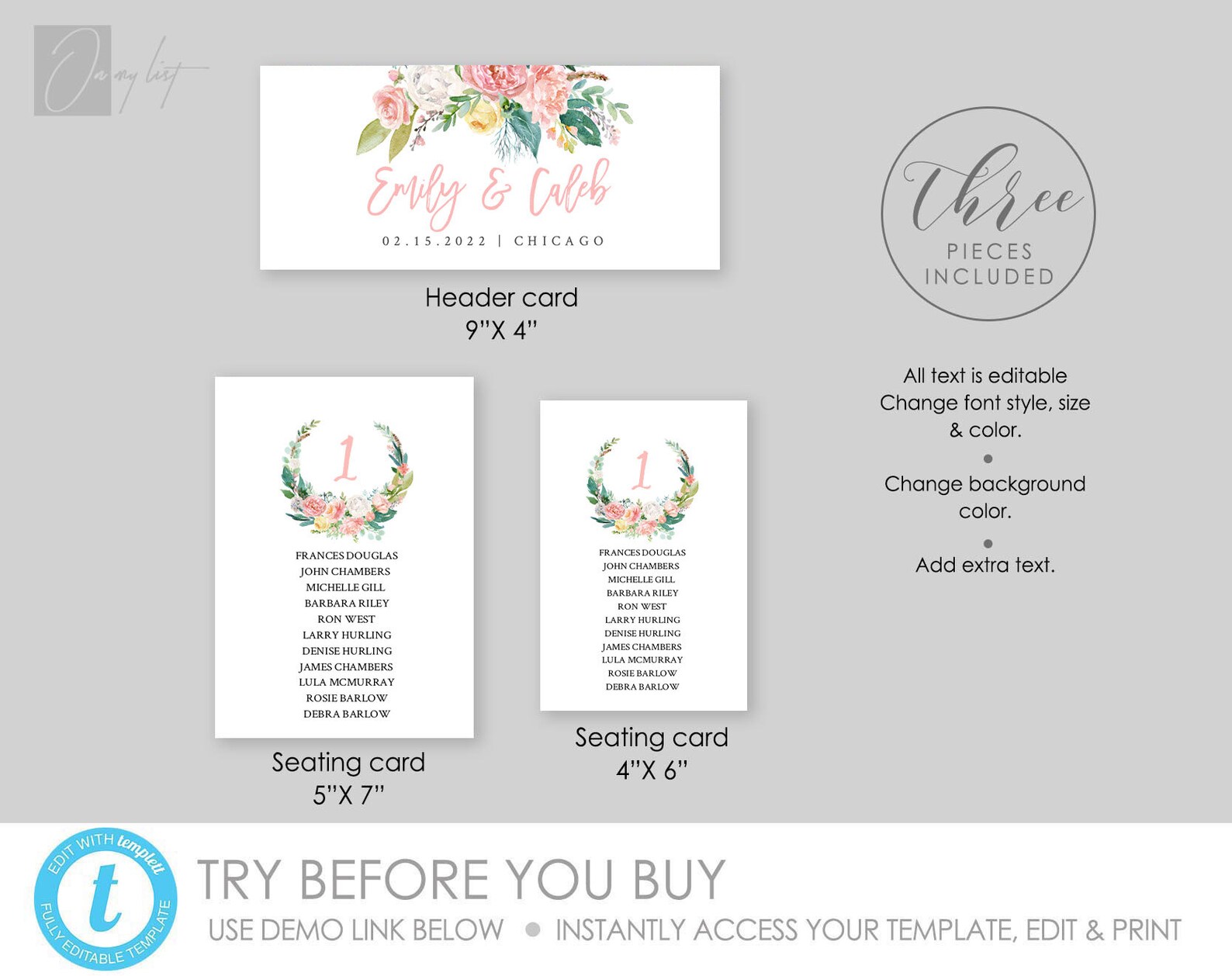 Floral Seating Cards Template 2 Sizes 4x6 and - Etsy