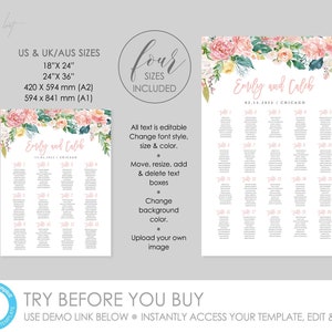 Pink Flowers Seating Chart Template, Pink, Printable DIY Dinner Menu ...
