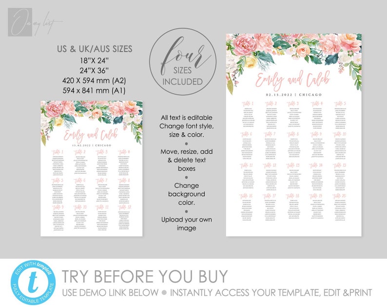 Pink Flowers Seating Chart Template Pink Printable DIY - Etsy