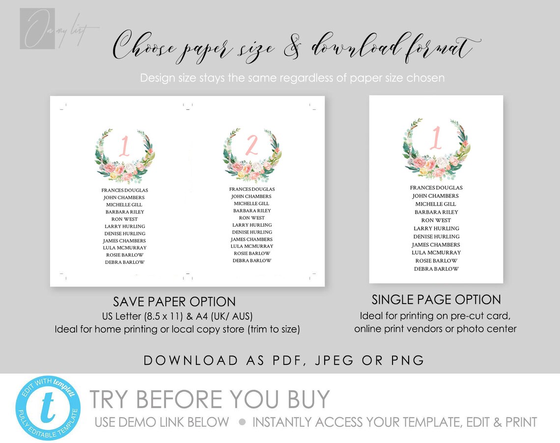 Floral Seating Cards Template 2 Sizes 4x6 and - Etsy
