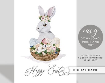 Printable Easter BUNNY Card HAPPY EASTER Printable Card Digital Easter ...