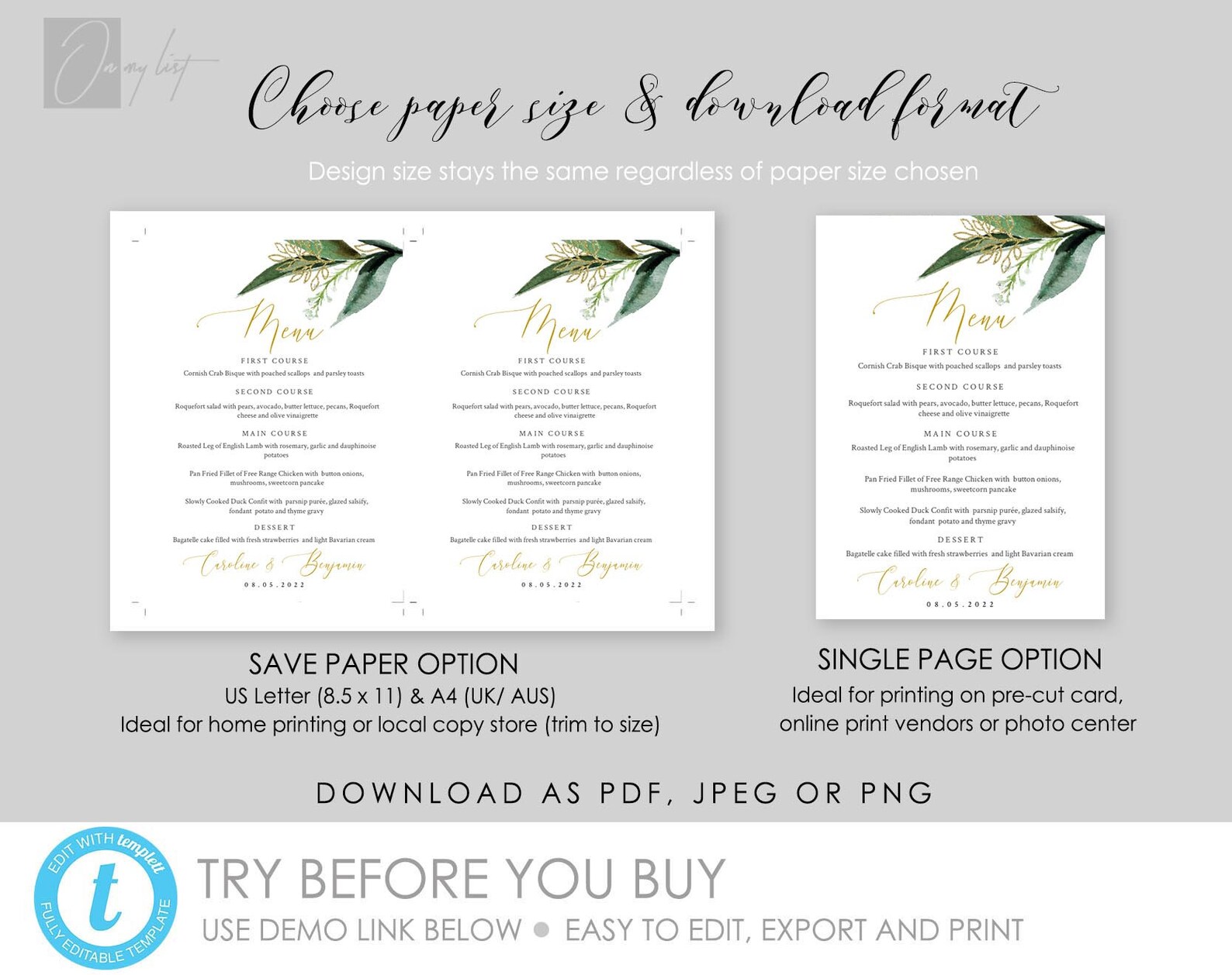 Greenery Wedding Menu Template Greenery Menu Printable Menu - Etsy