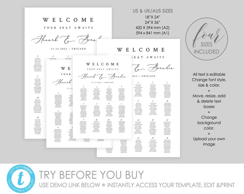 Black and White Seating Chart Template Printable DIY Dinner - Etsy