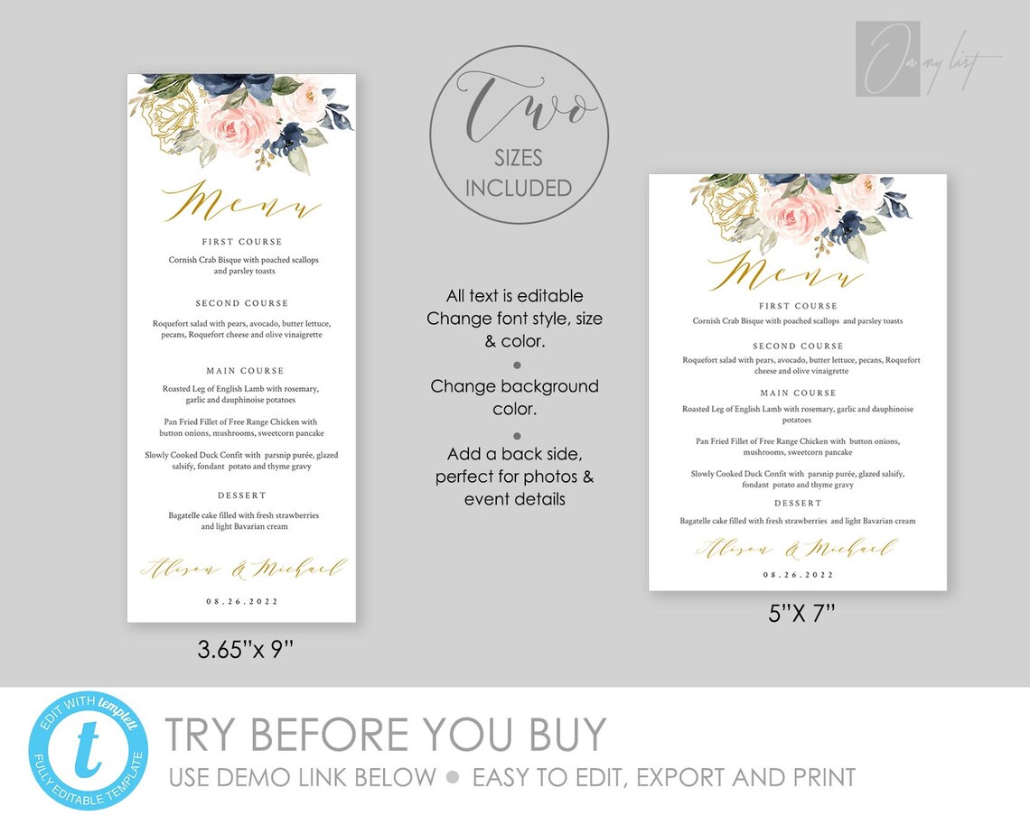 Wedding Menu Template, Pink Gold, Printable DIY Dinner Menu, INSTANT ...