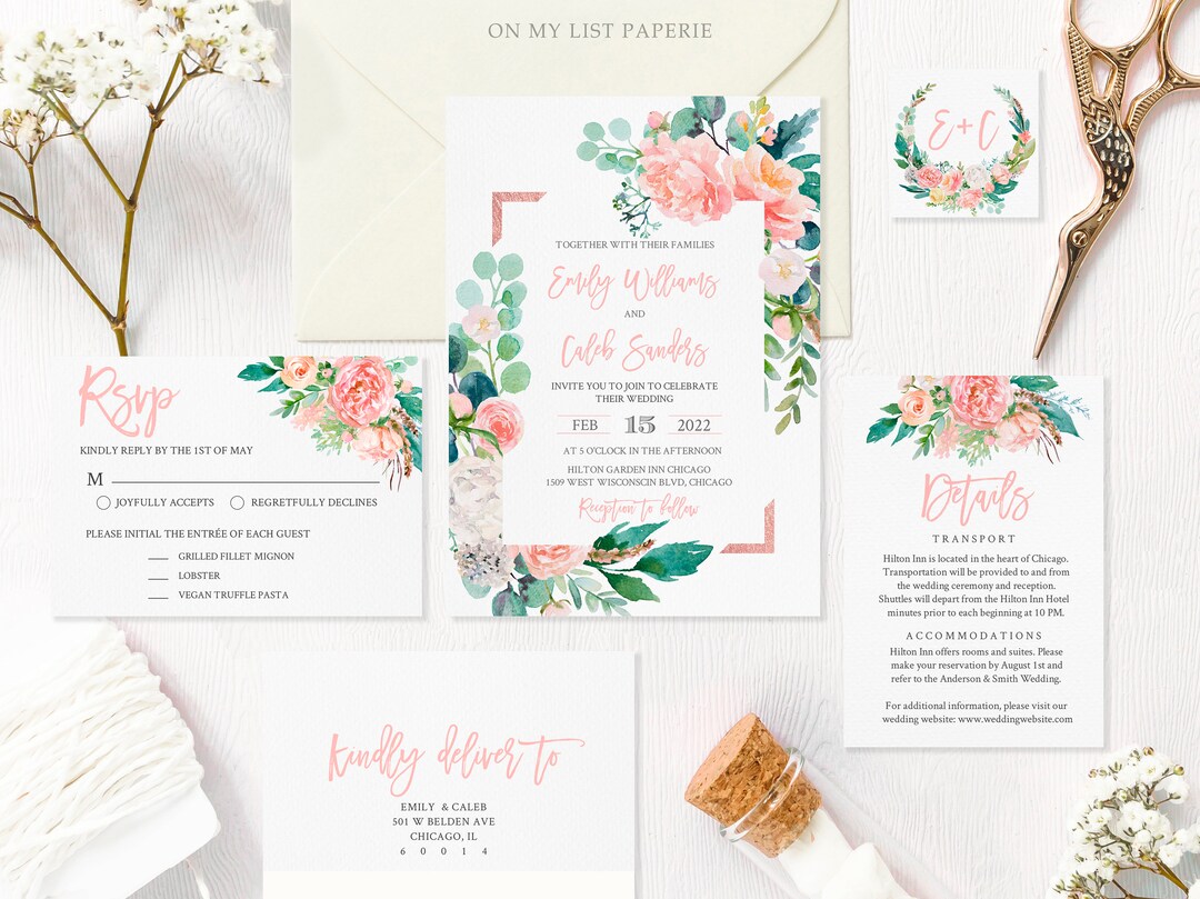 Rose Gold Wedding Invitation Set, 100% Editable Template, INSTANT ...