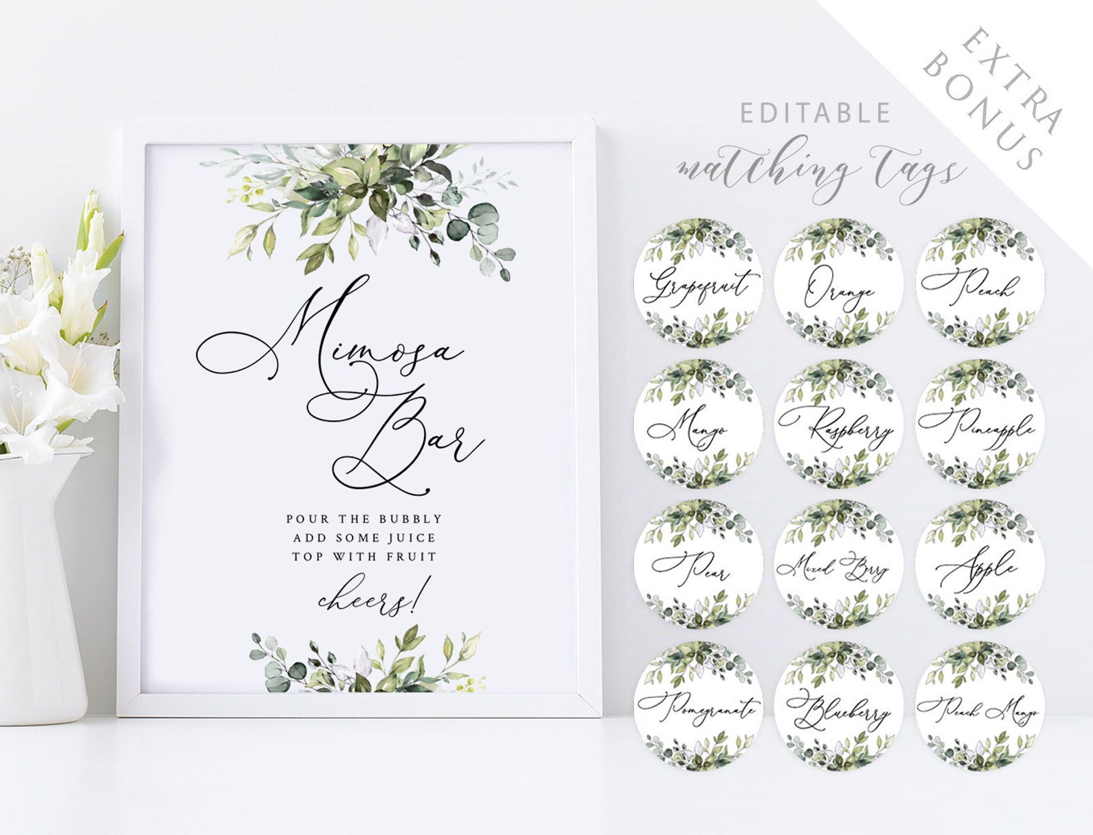 Greenery MIMOSA BAR SIGN Template | Mimosa Juice Labels | Mimosa Bar ...