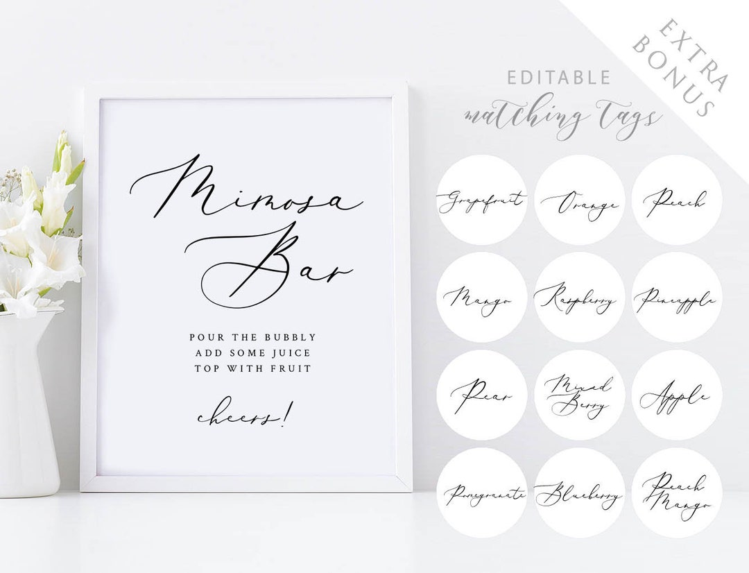 Minimal MIMOSA BAR SIGN Template | Mimosa Juice Labels | Mimosa Bar ...