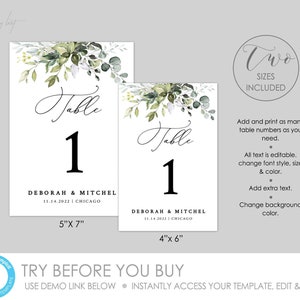 Boho Greenery Table Number Template,greenery Eucalyptus, Leaf Leaves, Printable DIY, INSTANT ...