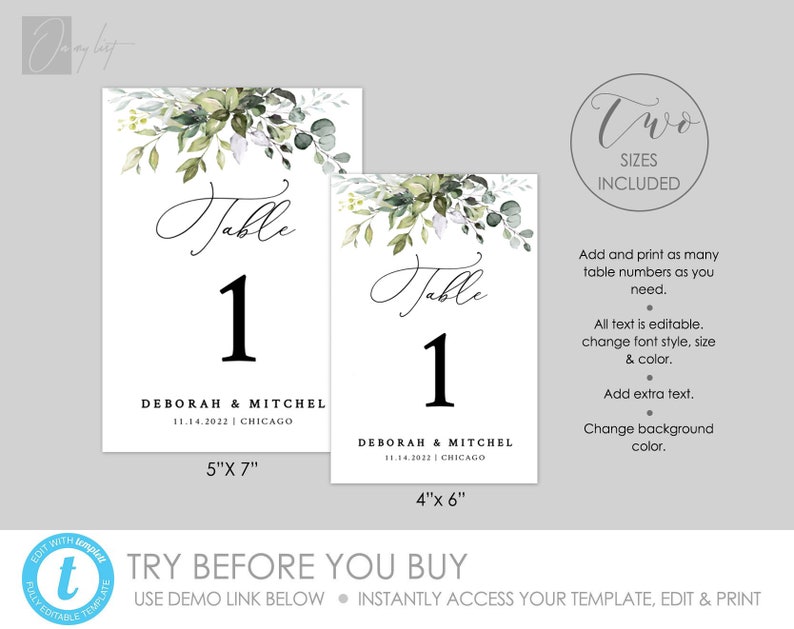 Boho Greenery Table Number Templategreenery Eucalyptus Leaf - Etsy