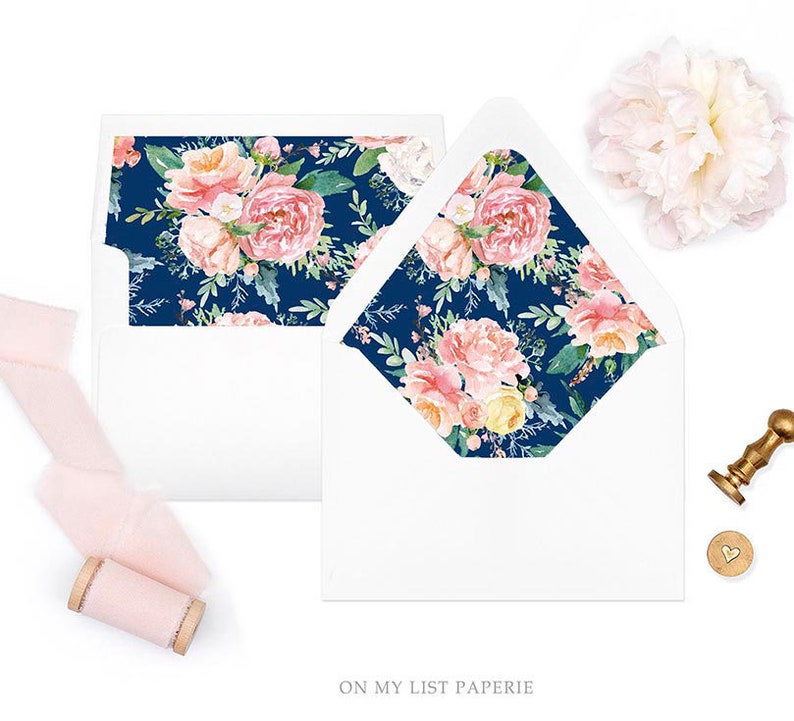 Navy Envelope Liner Templatefloral Envelopewedding Envelope - Etsy