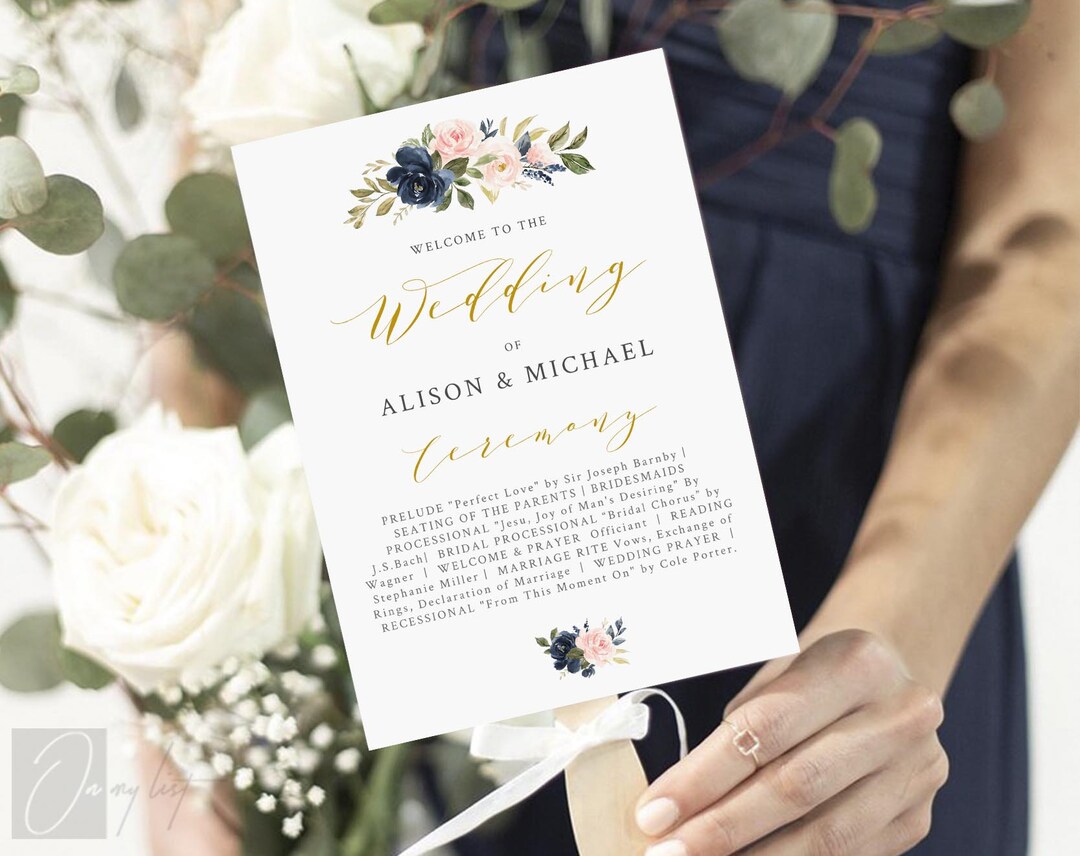 Navy Wedding Program Template, Wedding Program Fan Template, Wedding ...