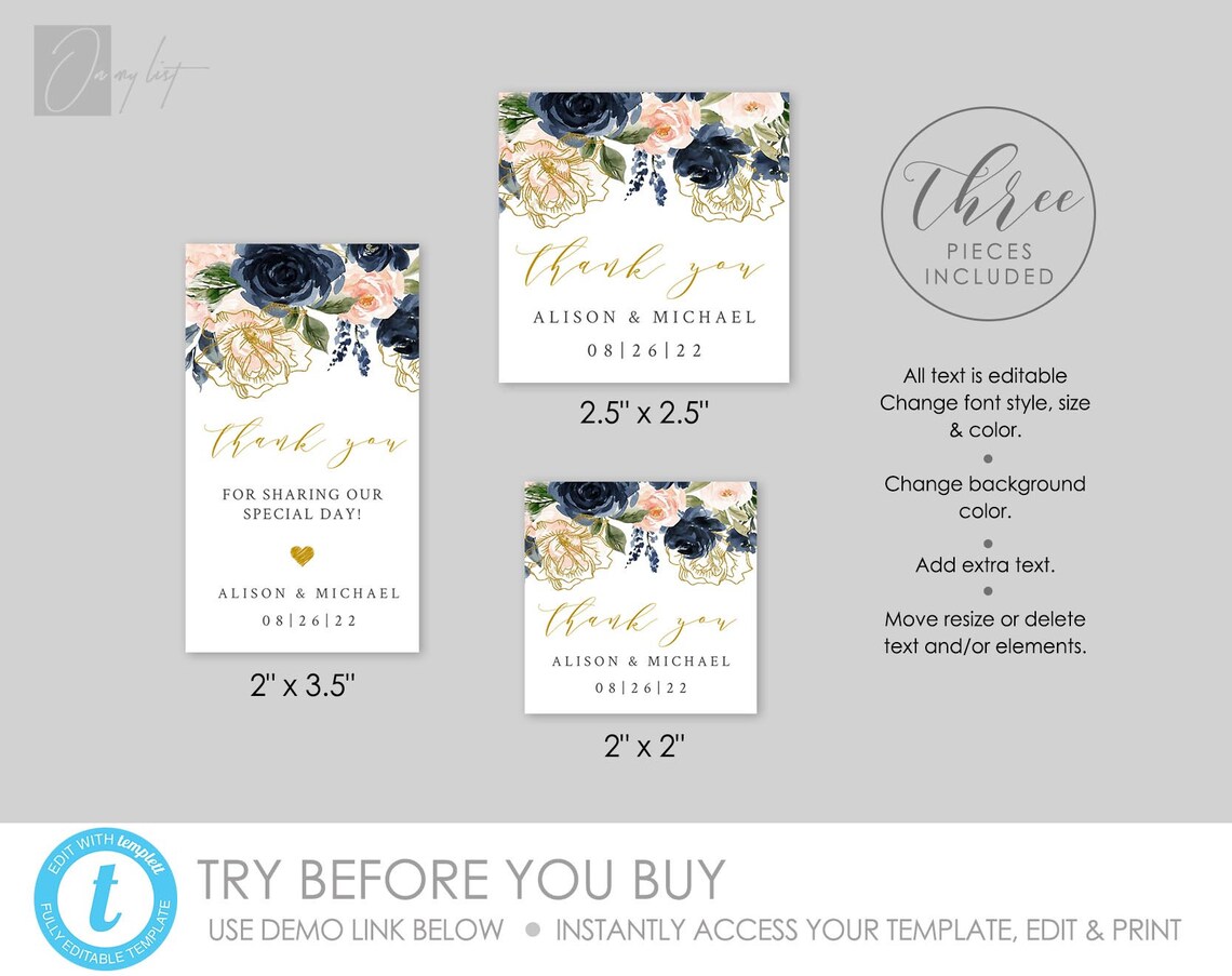 Navy Blue and Blush Wedding Favor Tags or Labels 100% - Etsy