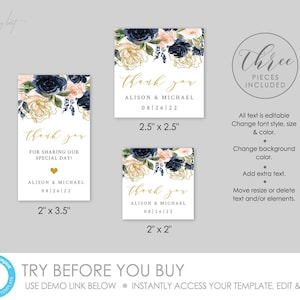 Navy Blue and Blush Wedding Favor Tags or Labels, 100% Editable ...