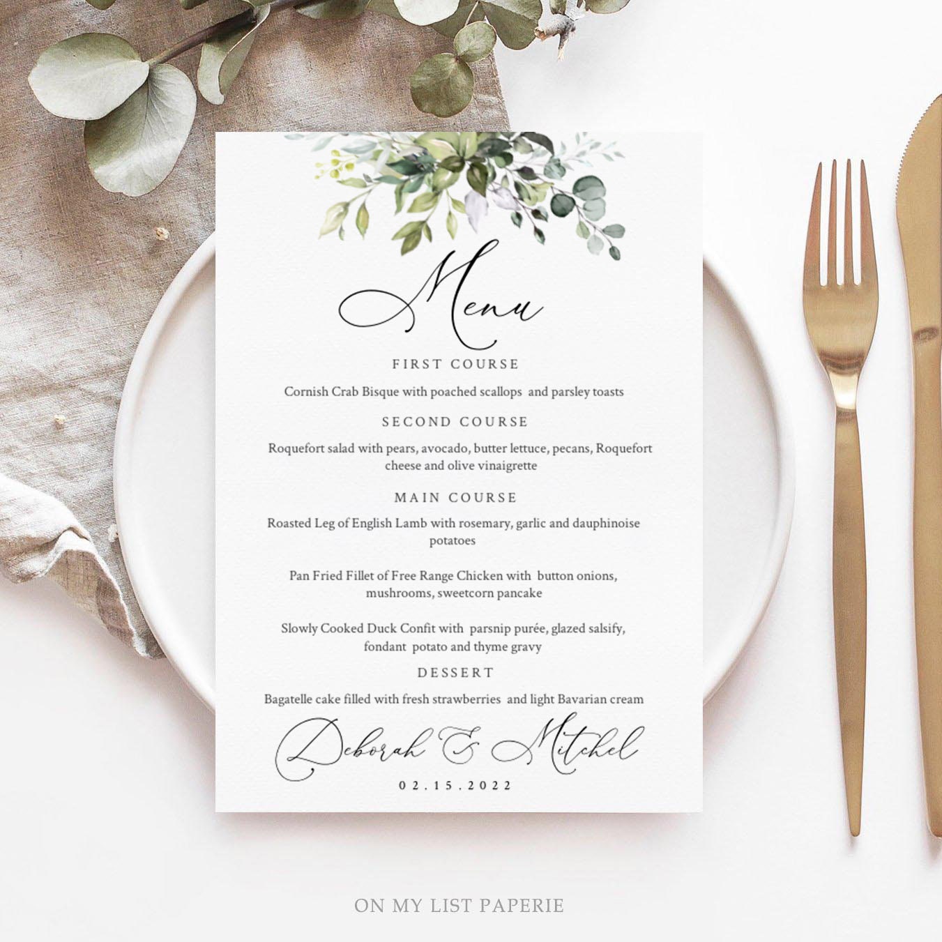 Wedding Menu Template Greenery Menu Template Printable - Etsy Canada