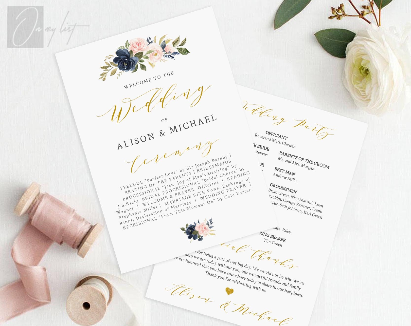 Navy Wedding Program Template Wedding Program Fan Template - Etsy