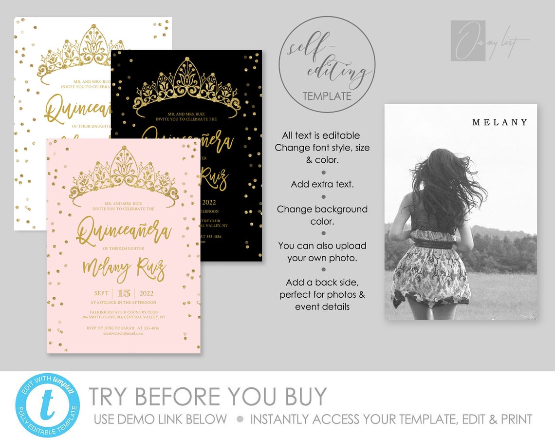 Gold Crown Quinceañera Invitation, Quinceanera Invite, Editable ...