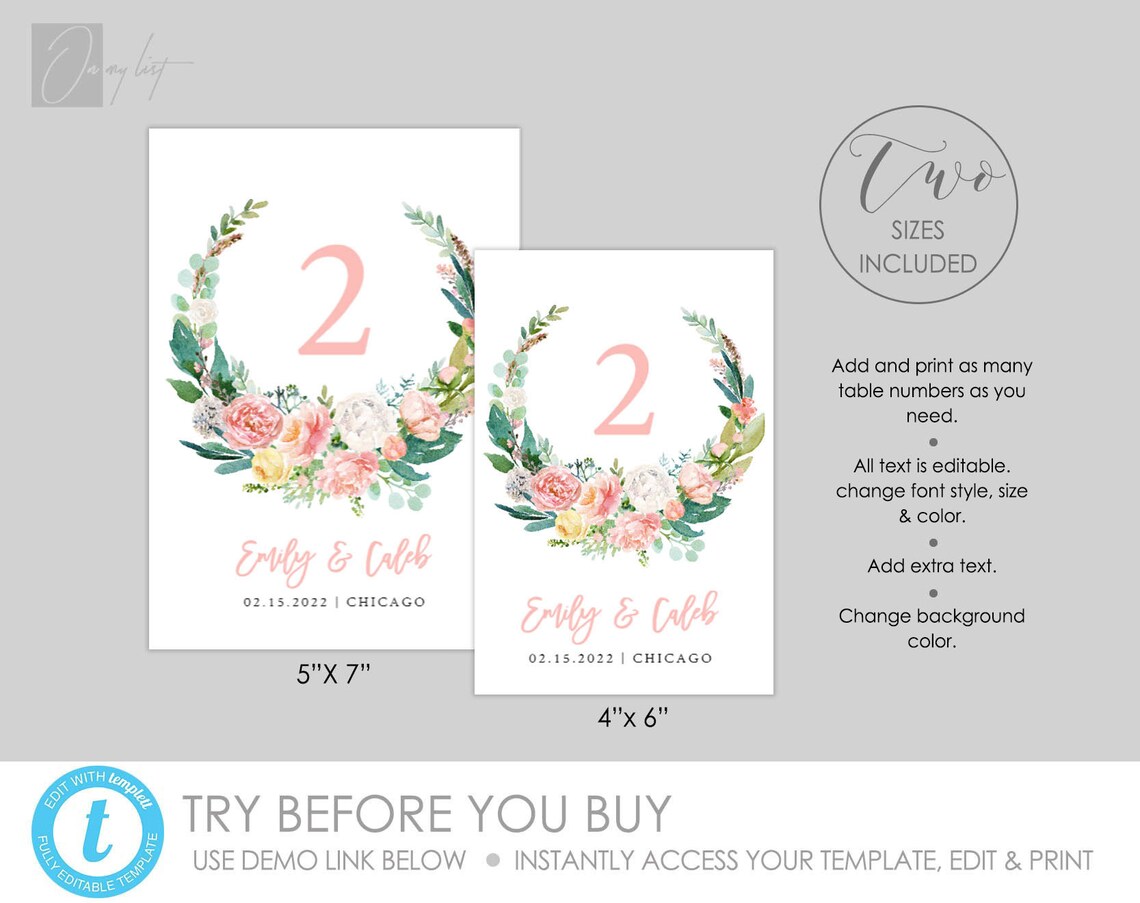 Floral Blush Table Number Template, Floral Rose , Printable DIY ...