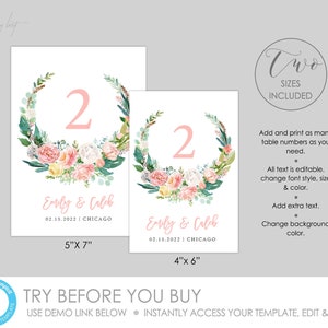 Floral Blush Table Number Template, Floral Rose , Printable DIY ...