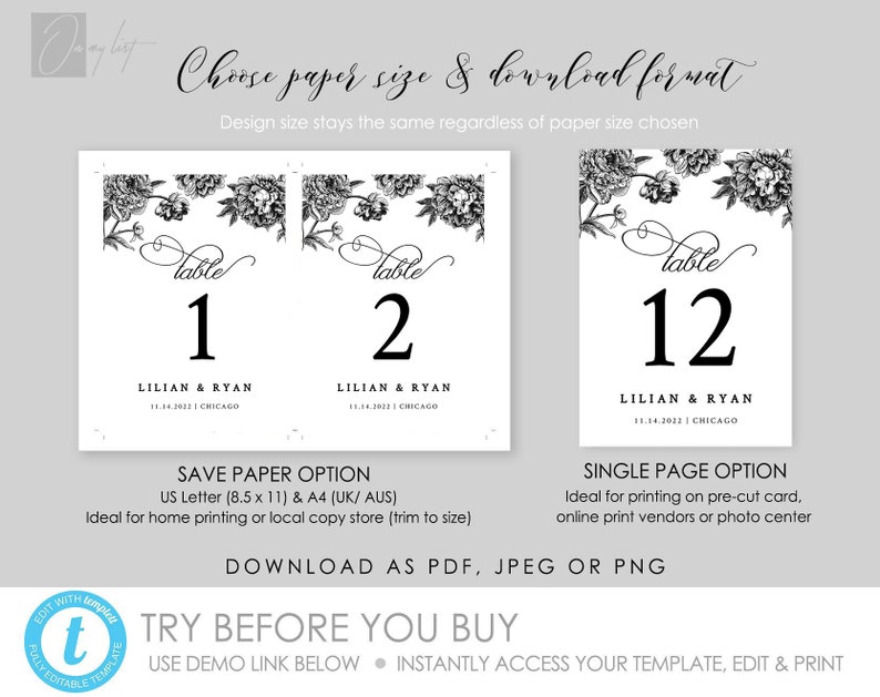 Table Number Template Black and White Printable DIY INSTANT - Etsy